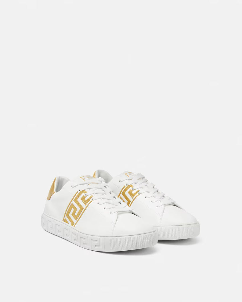 VERSACE EMBROIDERED GRECA SNEAKERS, White+Gold – OZNICO
