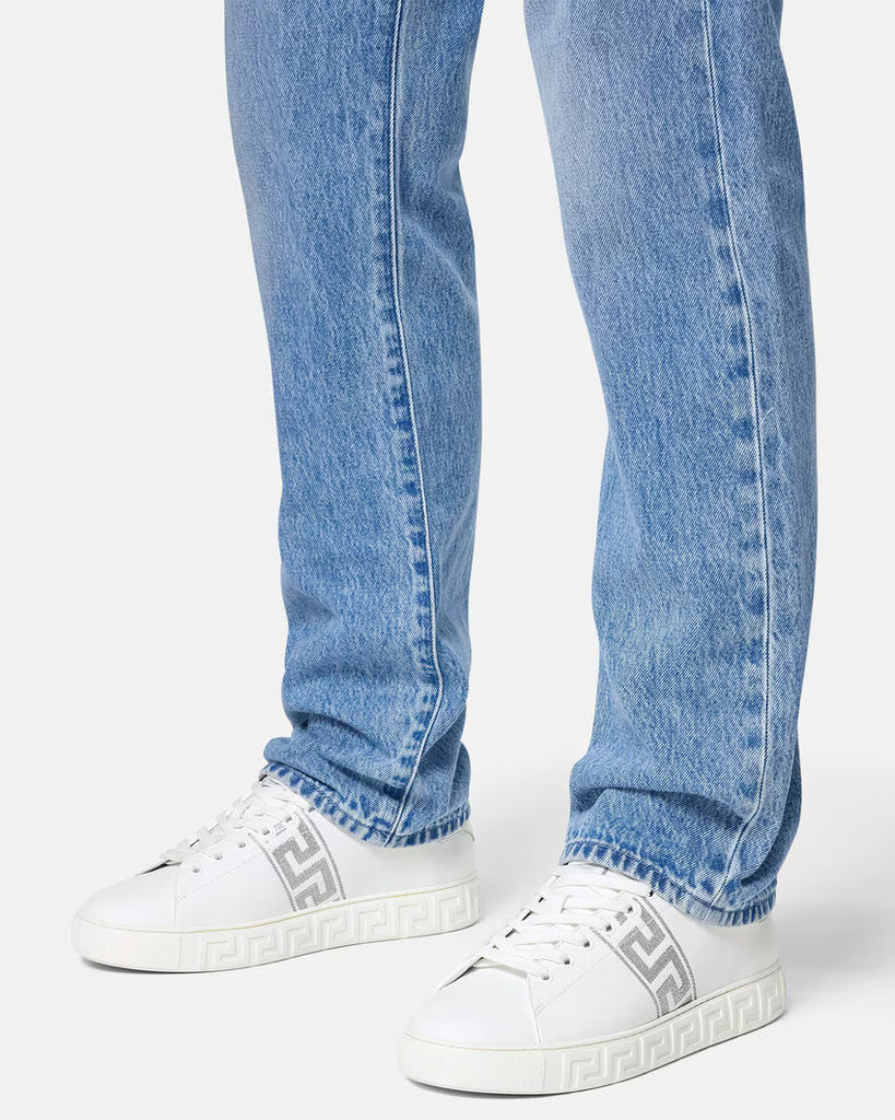 VERSACE Embroidered Greca Sneakers, White+Silver – OZNICO