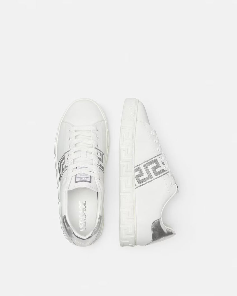 VERSACE Embroidered Greca Sneakers, White+Silver – OZNICO