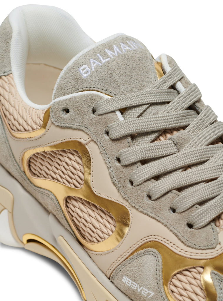 BALMAIN B-EAST TRAINER IN LEATHER, SUEDE AND MESH, GREGE-GOLD – OZNICO